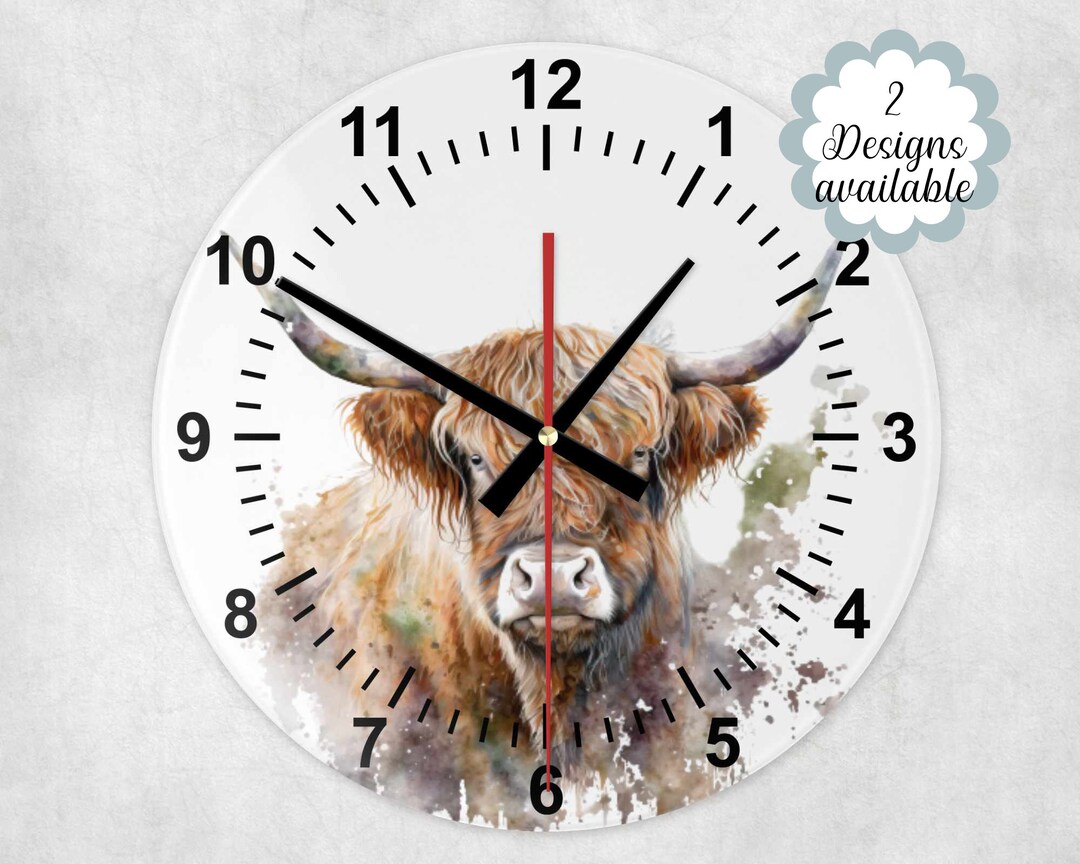Elegant Glass Watercolour Highland Cow Clock | Kitchen Wall Clock ...
