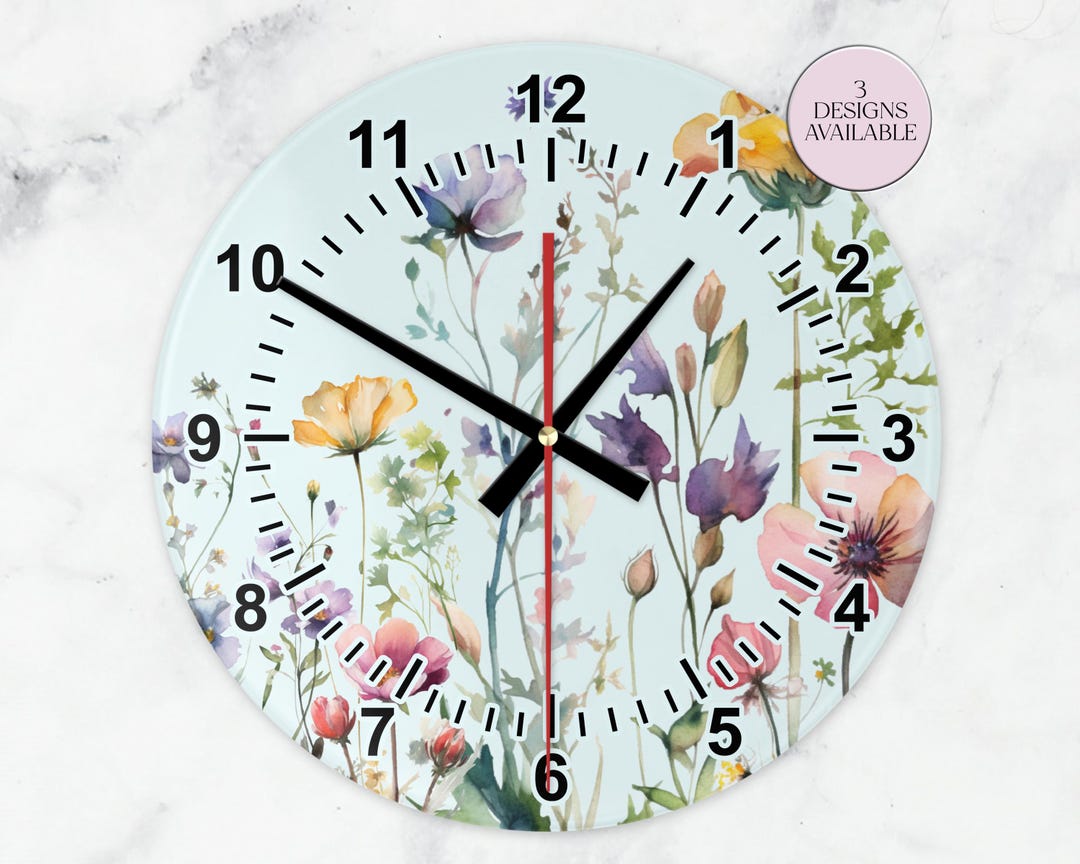 Glass Watercolour Wildflower Clock - Floral House Décor, Artistic ...