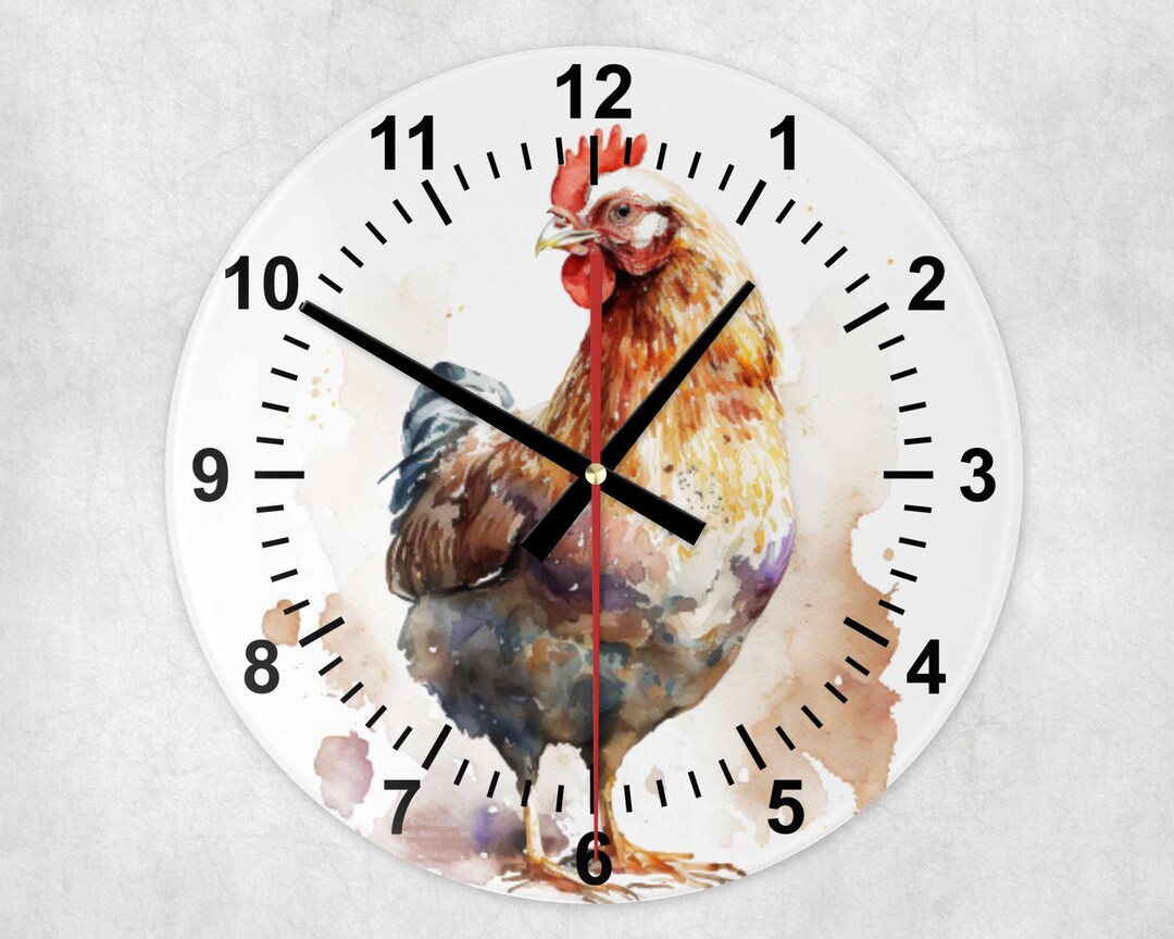 Glass Watercolour Chicken Clock - Unique Wall Art, Kitchen Clock ...