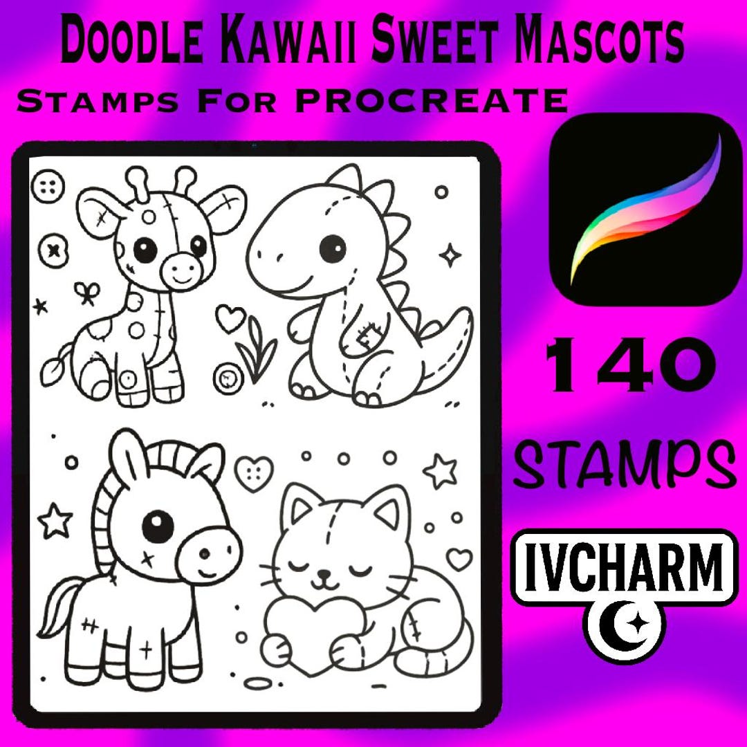 Doodle Kawaii Sweet Mascots, 140 Tattoo Brushes Stamps for Procreate ...