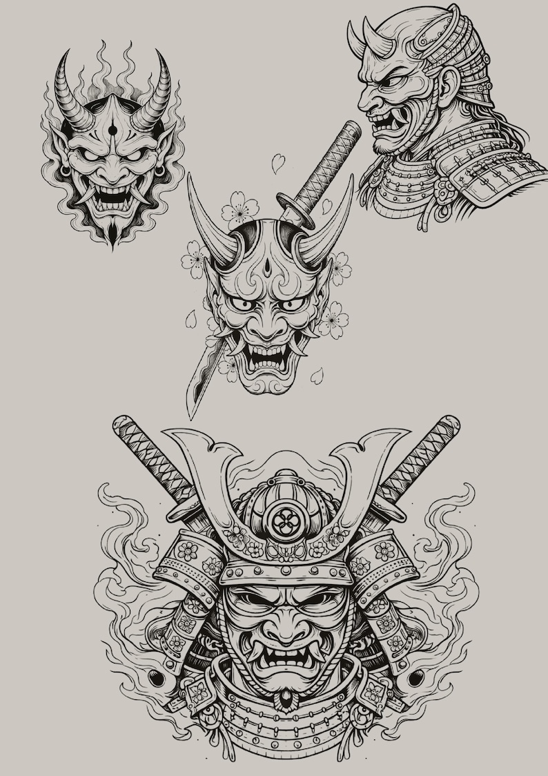 Japanese Demon Masks – Oni & Hannya | Tattoo Stencil Pack - Etsy