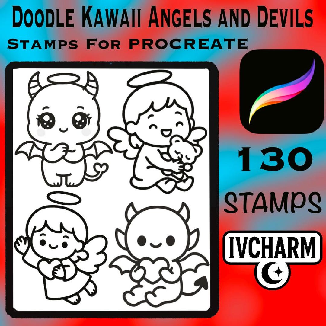 Doodle Kawaii Angels and Devils, 130 Tattoo Brushes Stamps for Procreate Tattoo Ideas Design ...