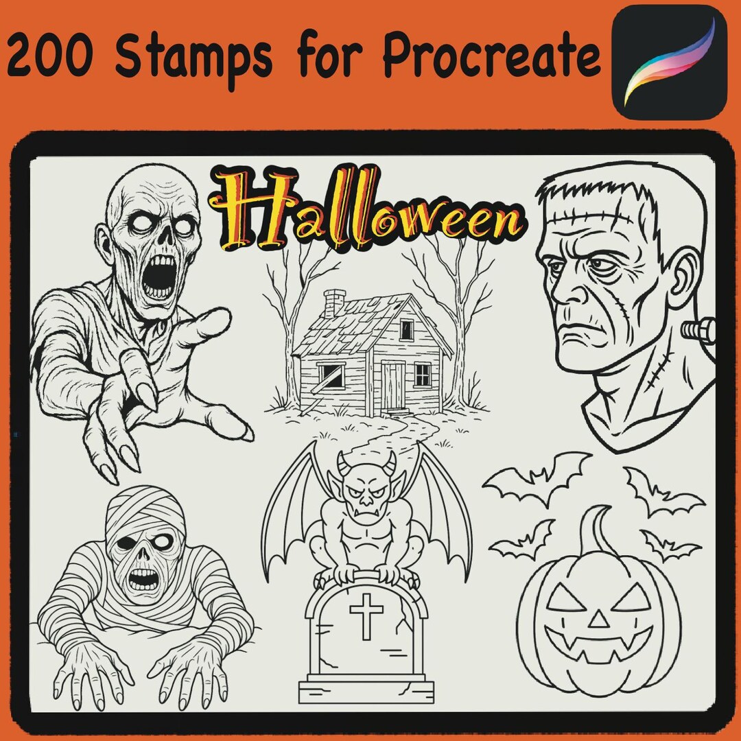 200 Halloween Stamps for Procreate Horror Tattoo Design Ideas Linear ...