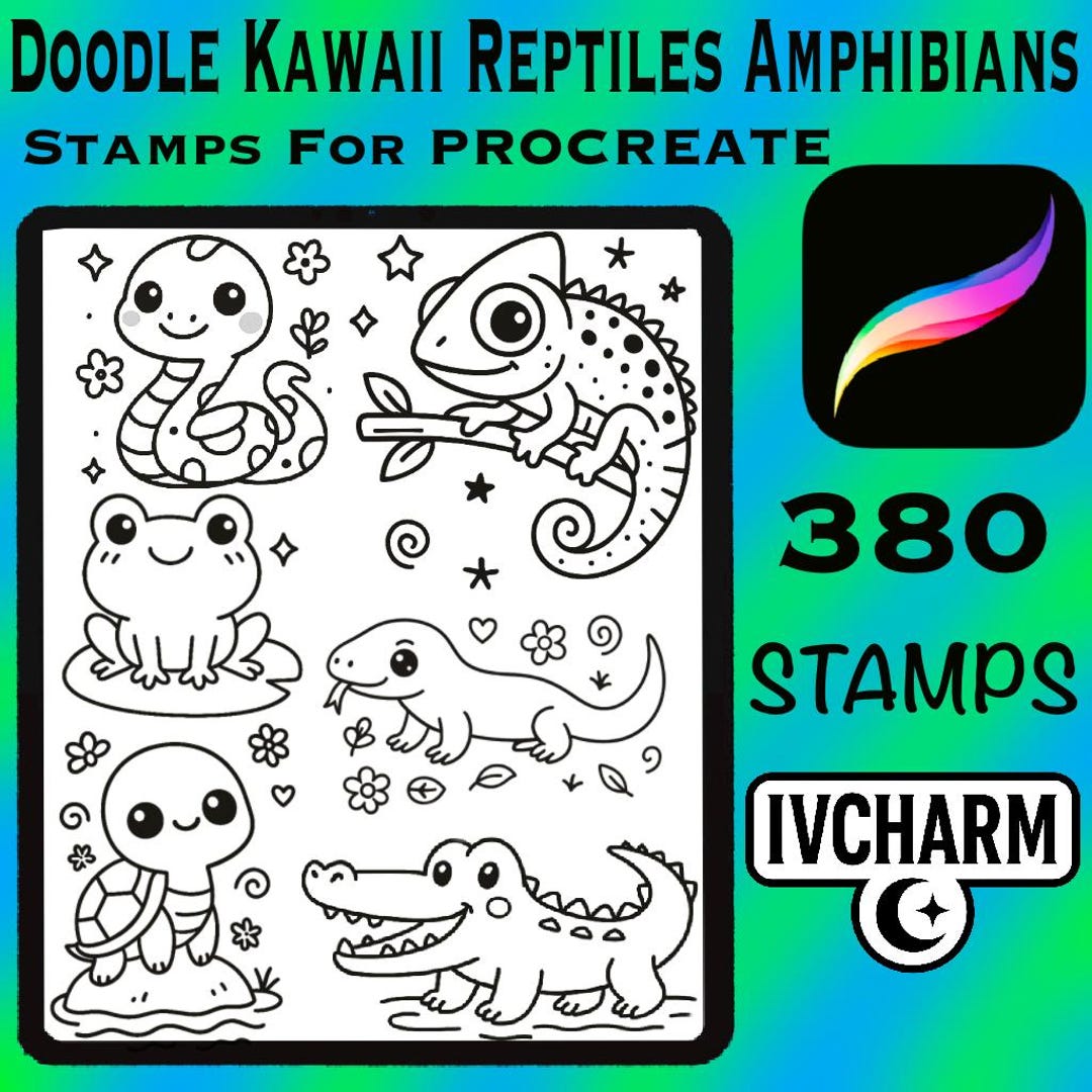 Doodle Kawaii Reptiles Ampphibians, 380 Tattoo Brushes Stamps for ...