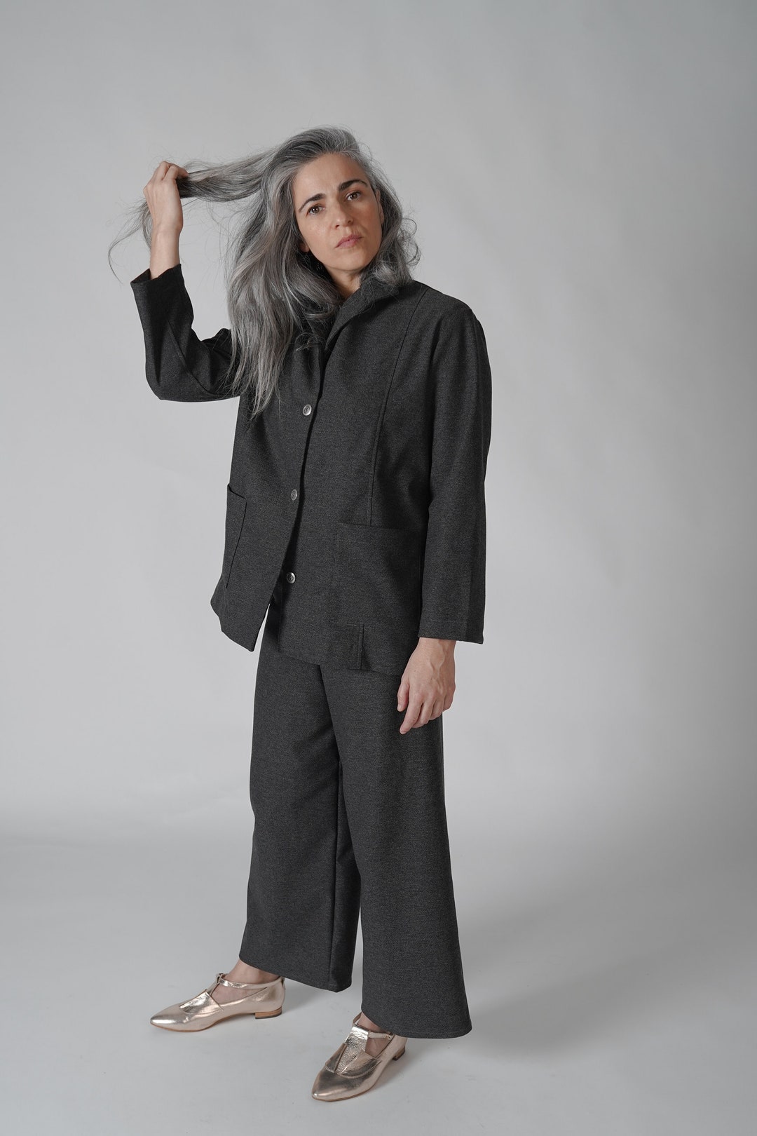 Winter Grau Wolljacke, Hoher Kragen 100% Wolle Blazer, Frauen Arbeit ...