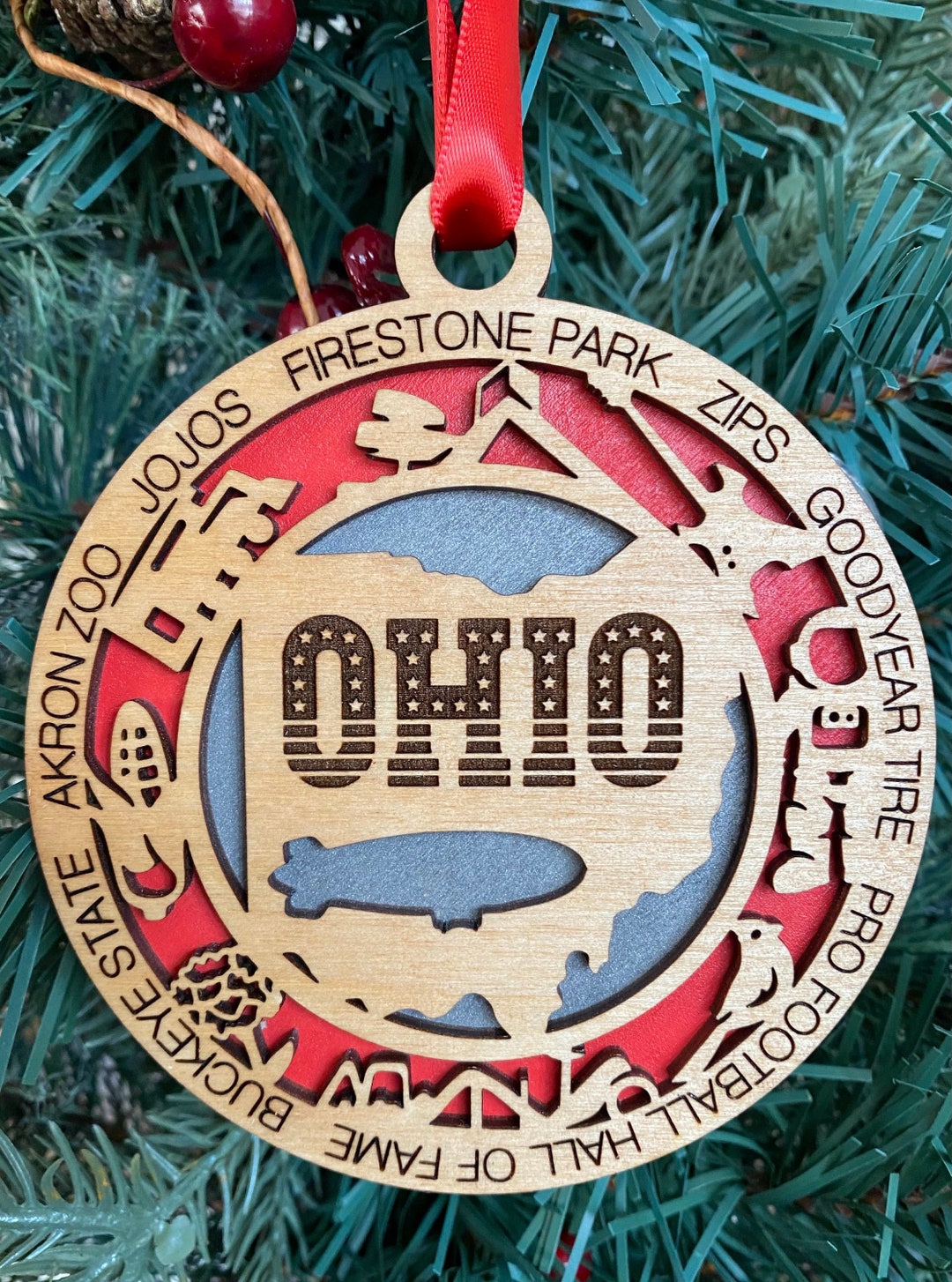 Akron Ohio Ornament: Engraved Birch Wood, Firestone Park, Buckeye State ...