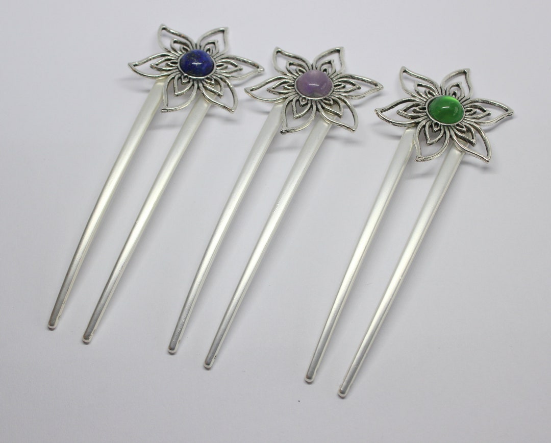 Silver Gemstone Flower Hair Fork: Amethyst, Lapis Lazuli, Jade - Etsy