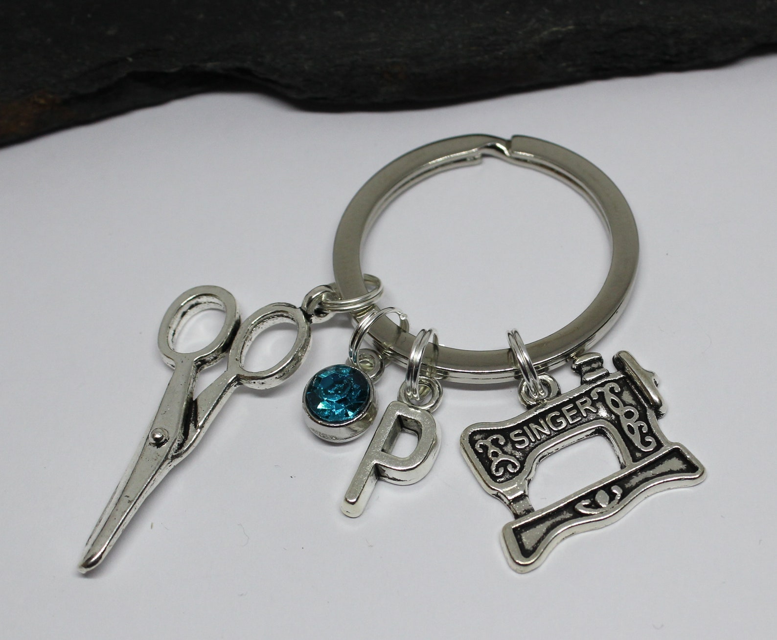 Seamstress Keyring: Sewing Machine, Scissors, Initial & Birthstone ...