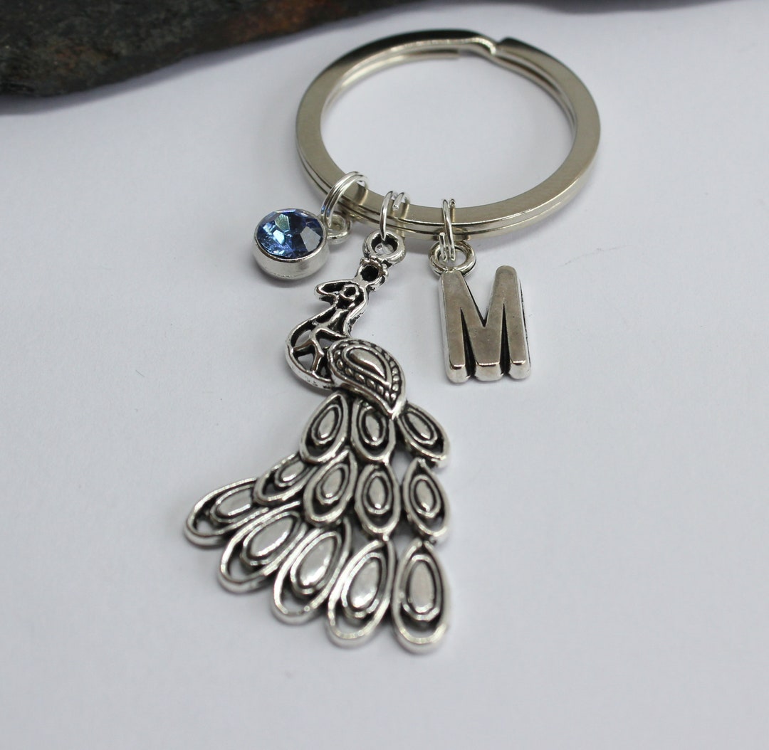 Peacock Personalised Initial Birthstone Keyring, Stainless Steel ...