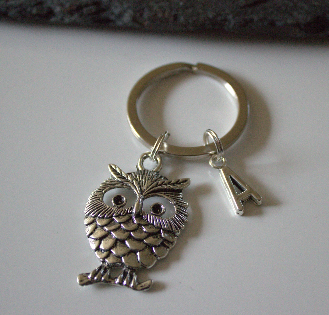 Owl Keyring: Personalized Initial Stainless Steel Keychain - Etsy