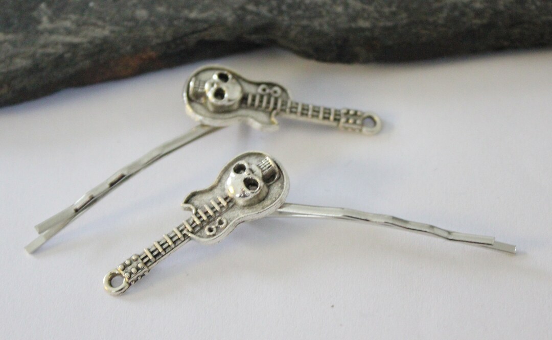 Skull Guitar Hair Grips: Silver Tone Bobby Pins - Set of 2 - Etsy