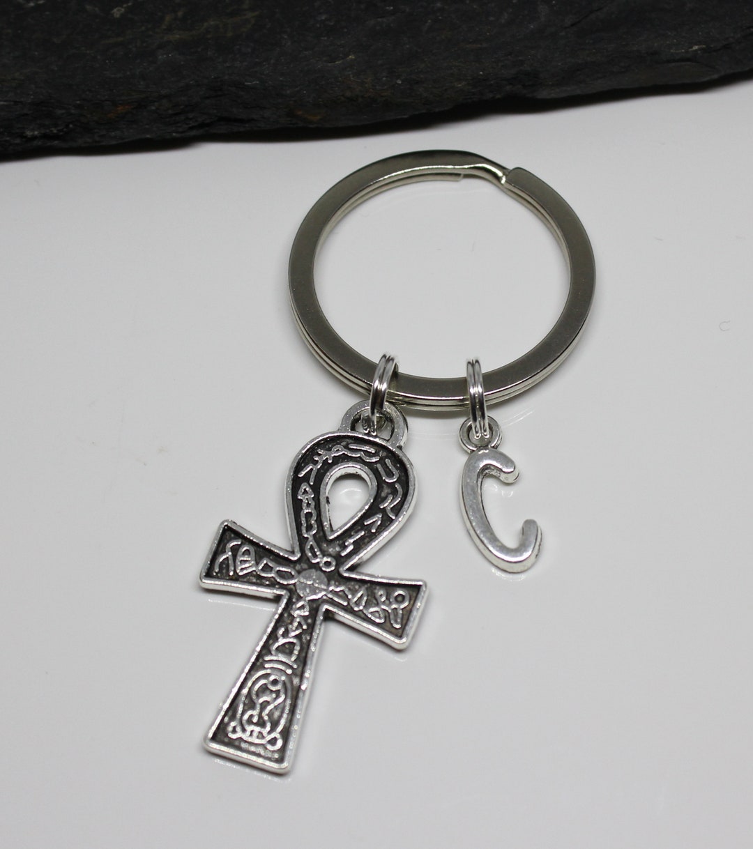 Personalized Egyptian Ankh Keyring: Initial Charm & Optional Birthstone ...