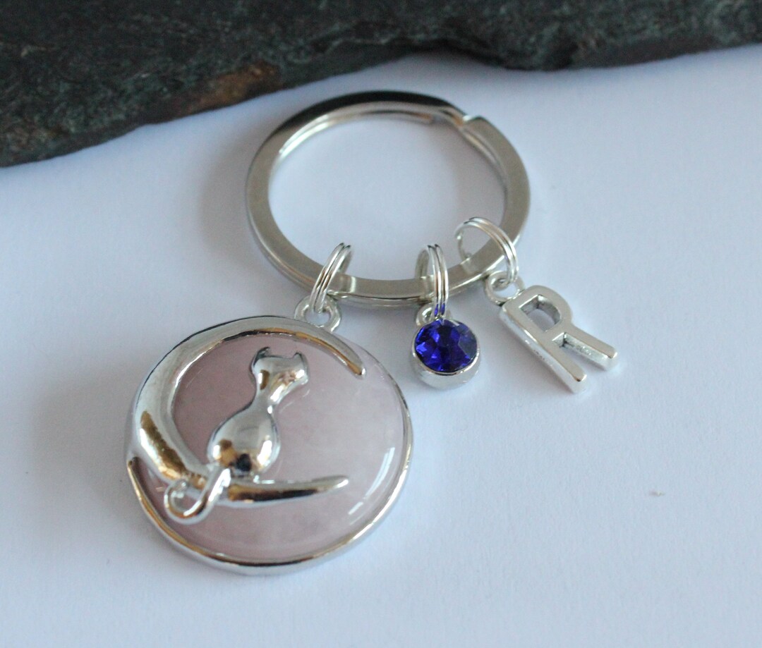 Rose Quartz Cat on Moon Keyring: Personalized Initial & Birthstone ...
