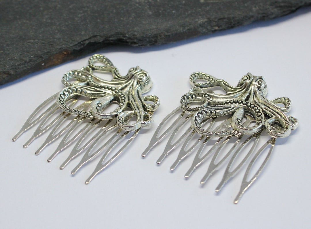 Octopus Hair Combs, Set of Two Octopus Sea Creature Silver Hair Combs ...