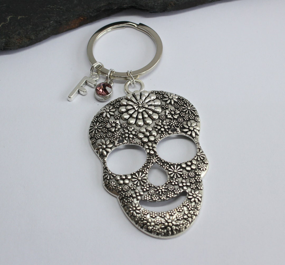 Sugar Skull Keyring, Personalised Skull Keyring, Large Skull Birthstone ...