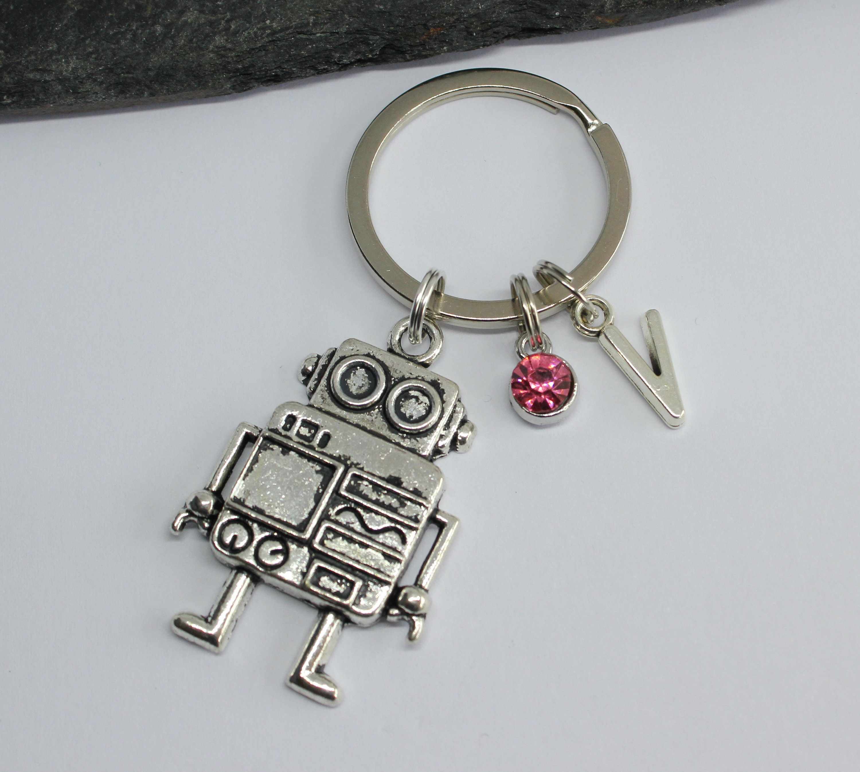 Robot Keyring Personalised Robot Keyring Initial Birthstone | Etsy