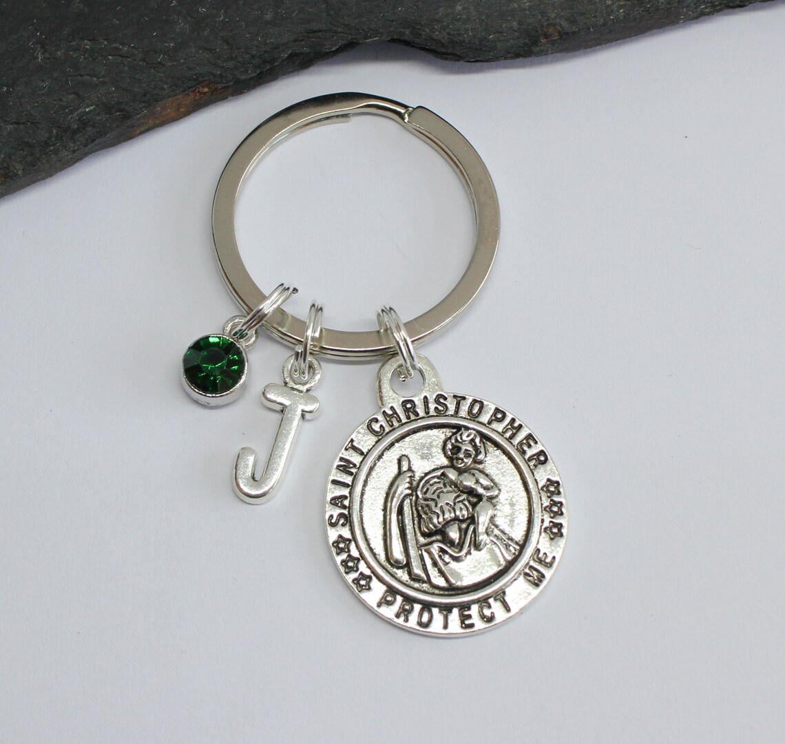 St Christopher Protect Us Travel Keyring Personalised Initial | Etsy