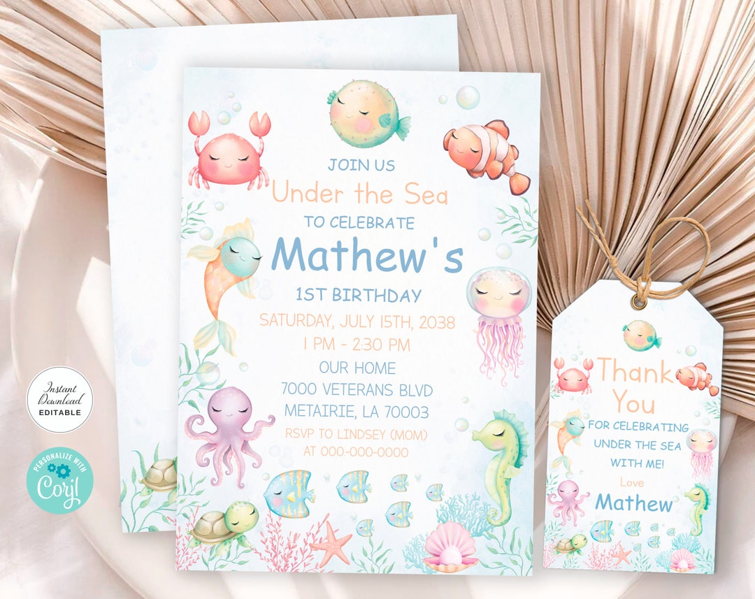 Watercolor Ocean Animals Birthday Invitation, Under the Sea Birthday ...