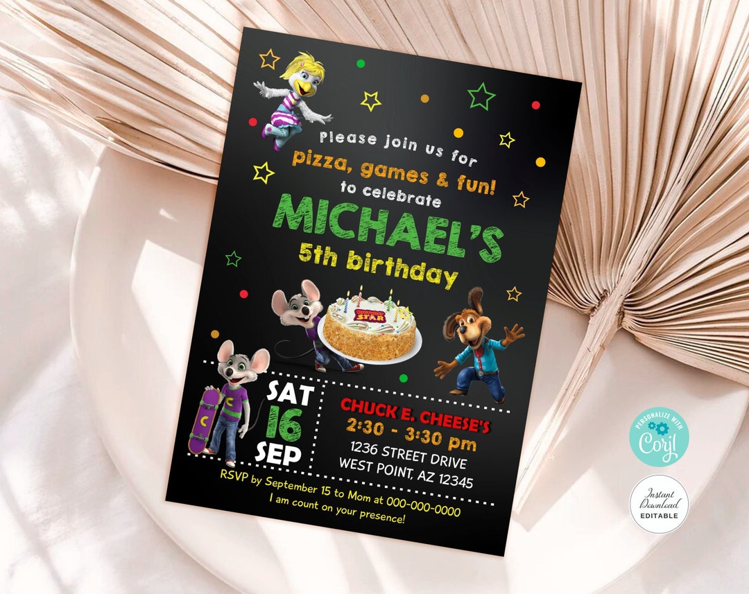 Chuck E Cheese Birthday Invitation, Editable Chuck E Cheese Invitation ...