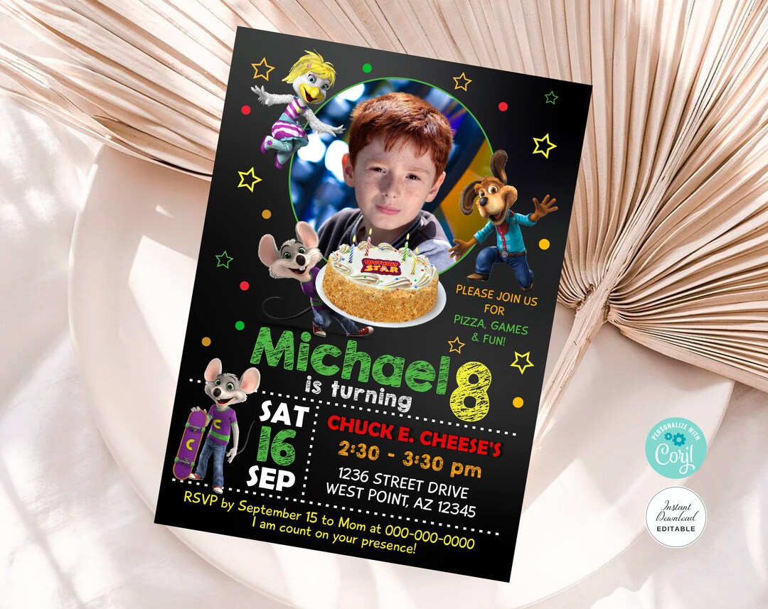 Chuck E Cheese Birthday Invitation, Editable Chuck E Cheese Invitation ...
