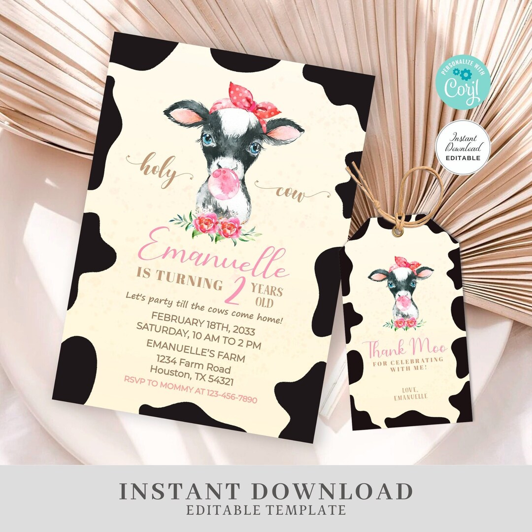 Cow Birthday Invitations, Cow Print Birthday Invitations, Holy Cow Im ...