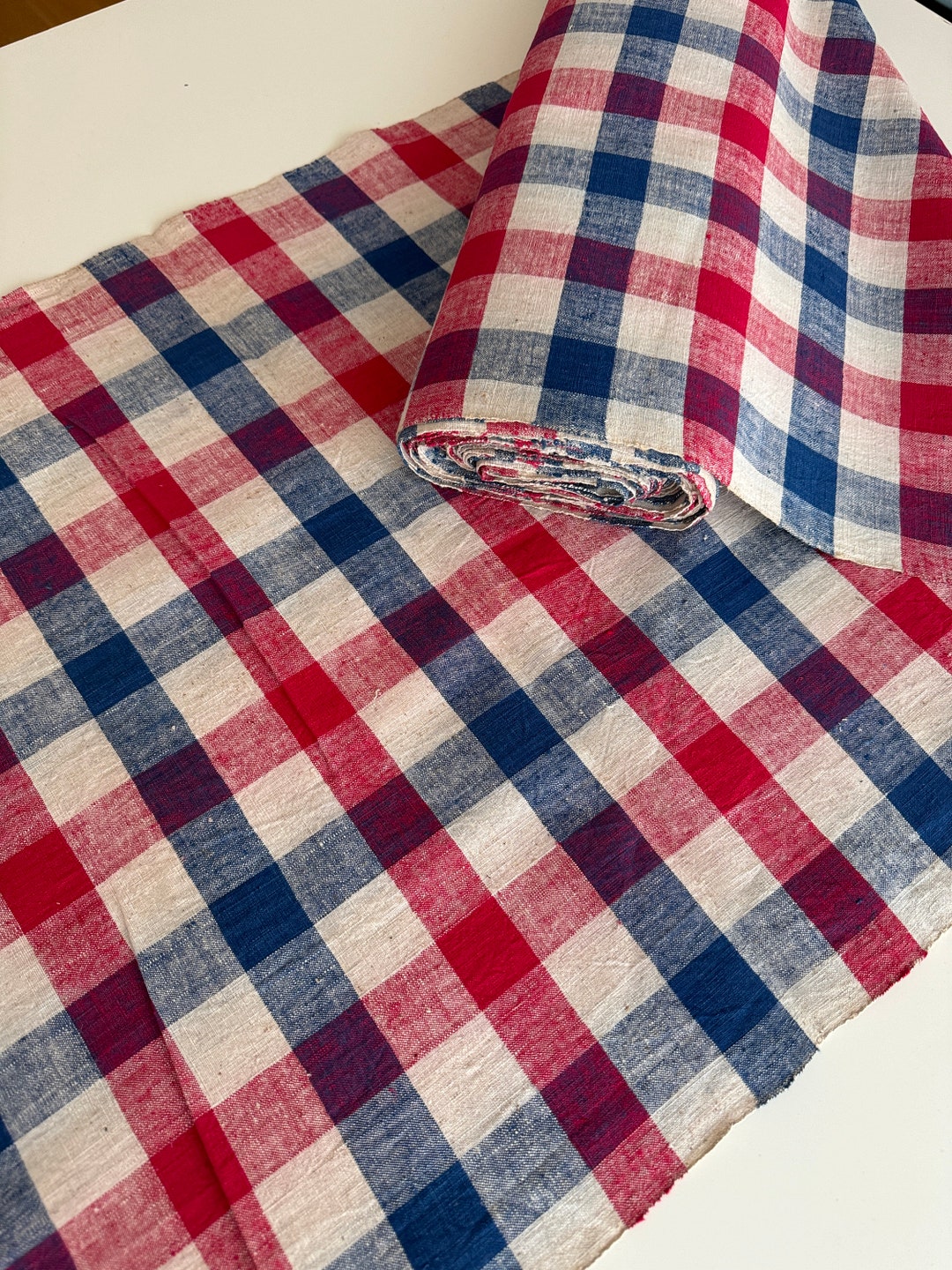 Tofu - Red Blue Check Fabric / Vintage Handwoven Fabric / Vinage ...