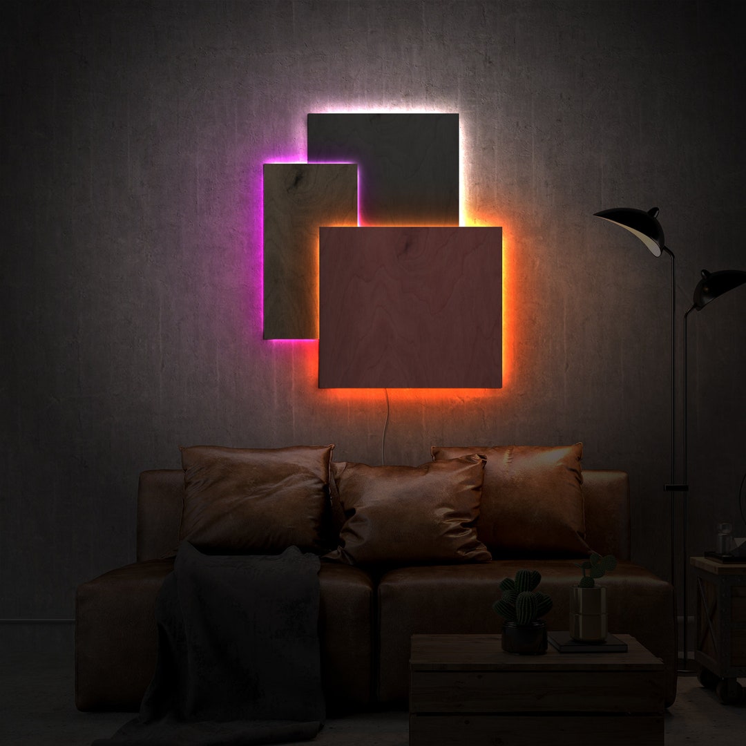Rectangle Wall Art Led, Square Led Sign, Geometric Wood Wall Decor ...