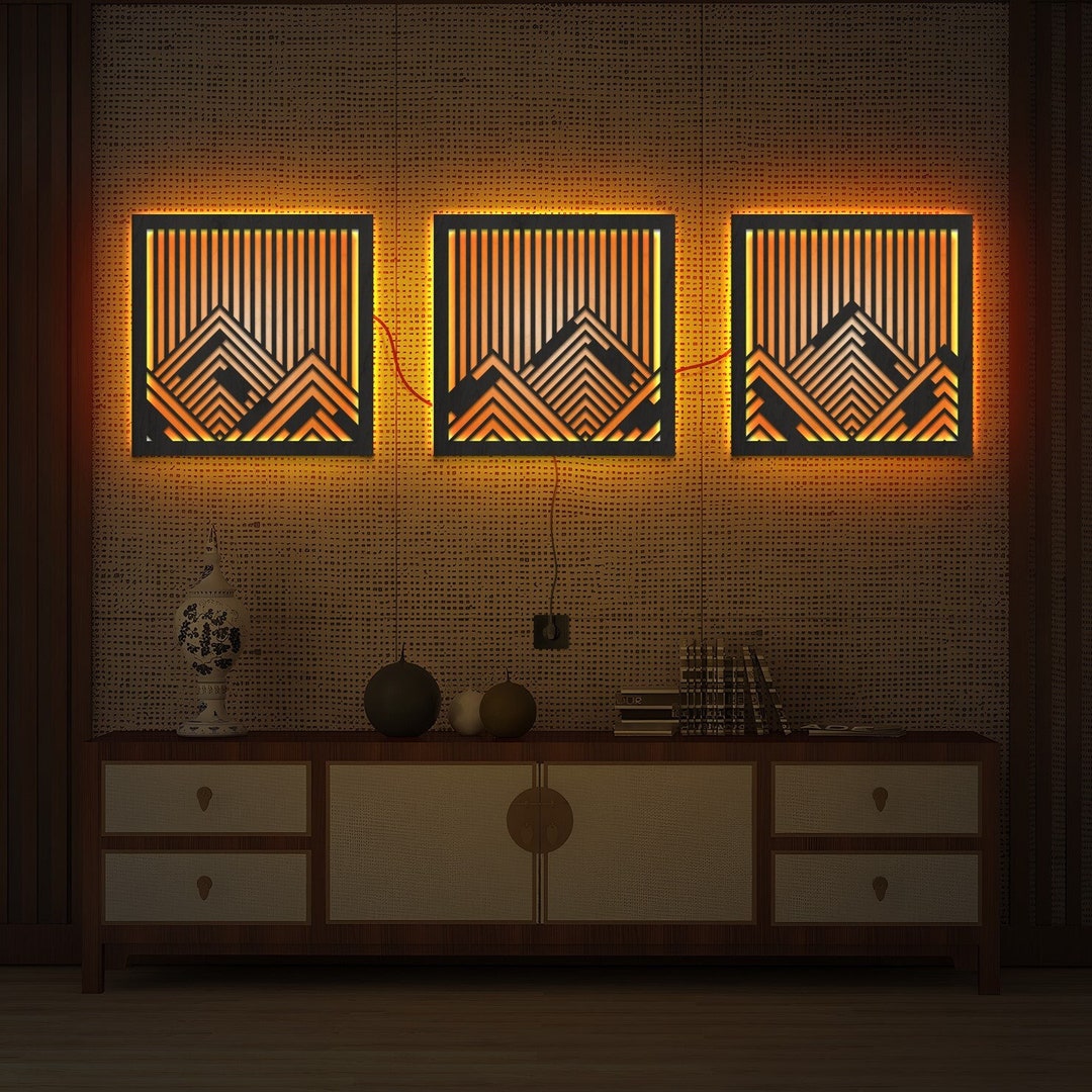 Geometric Mountain Wooden Wall Art Led, Mountain Led Panels, Mountain ...