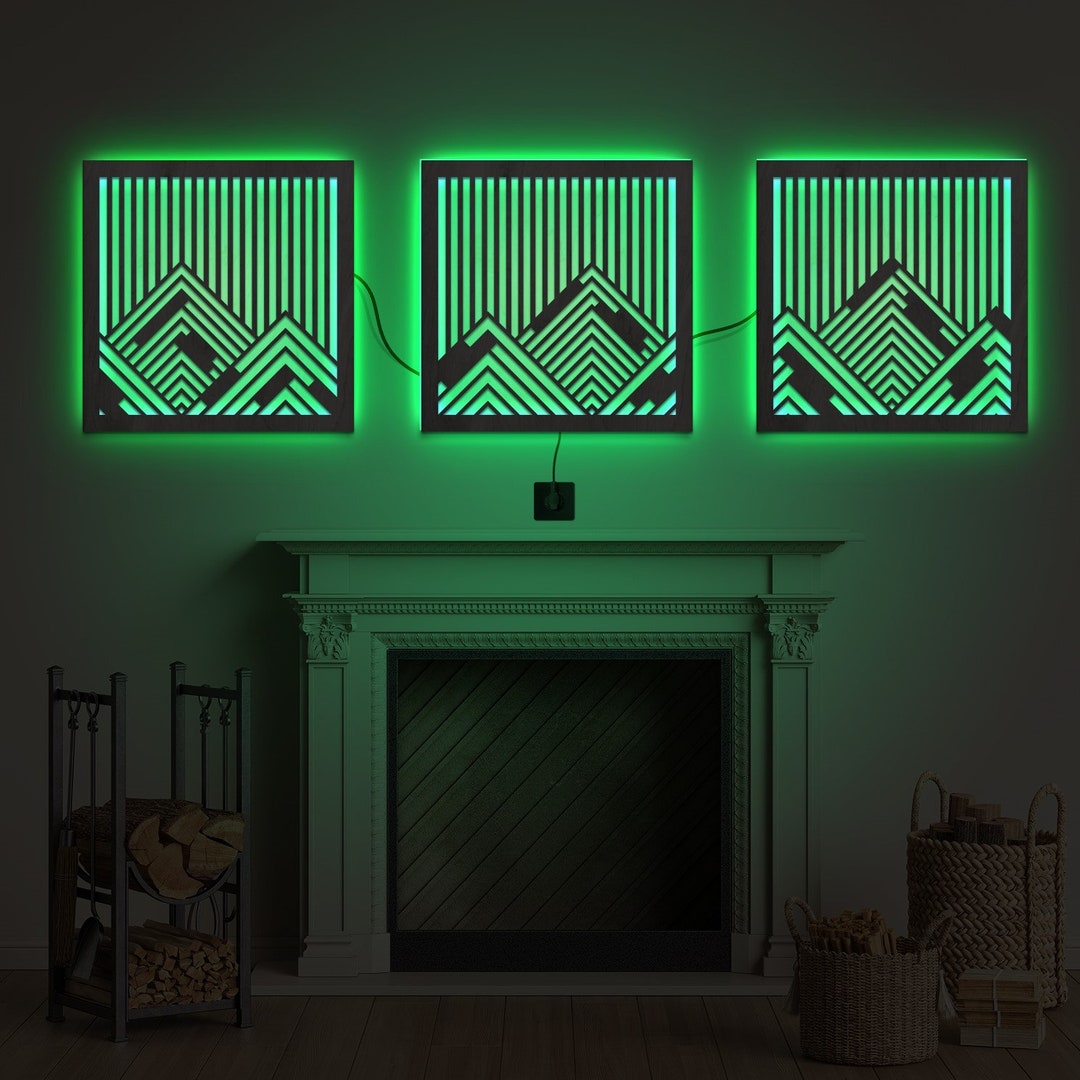 Geometric Mountain Wood Wall Art Lighted, Geometric Wood Wall Panel ...