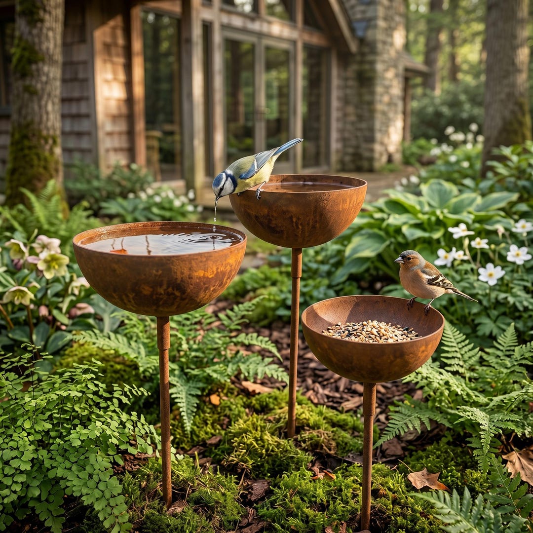 Rustic Bird Bath Set, Metal Garden Stakes, Outdoor Bird Feeder ...
