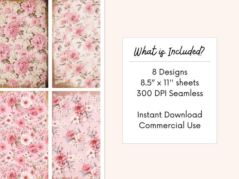 Pink Printable Papers, Junk Journal Pages, Pink Vintage Backgrounds, Shabby Chic Prints, Digital ...