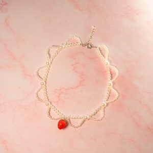 Pearl Strawberry Necklace, Cottagecore Aesthetic Choker, Strawberry ...