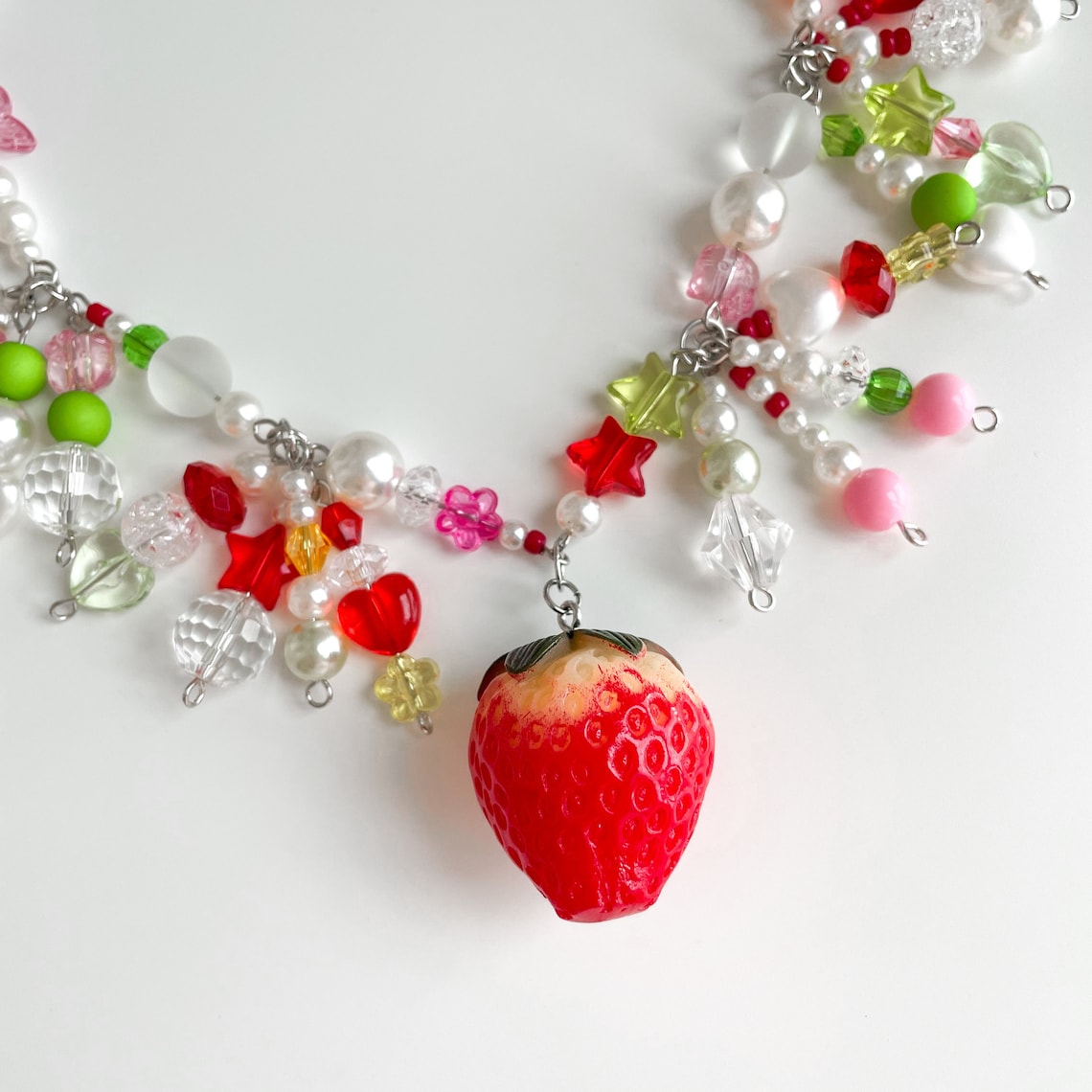 Strawberry Necklace, Beaded Maximalist Necklace, Cottagecore Mismatched ...