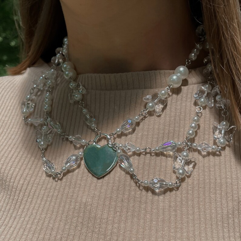 Pearl and Crystal Beaded Cottagecore Necklace Butterflies and - Etsy