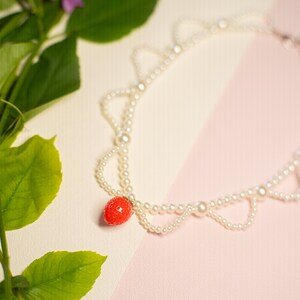 Pearl Strawberry Necklace, Cottagecore Aesthetic Choker, Strawberry ...