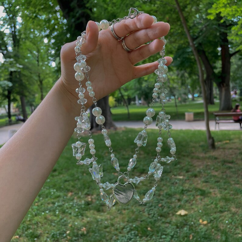 Pearl and Crystal Beaded Cottagecore Necklace Butterflies and - Etsy