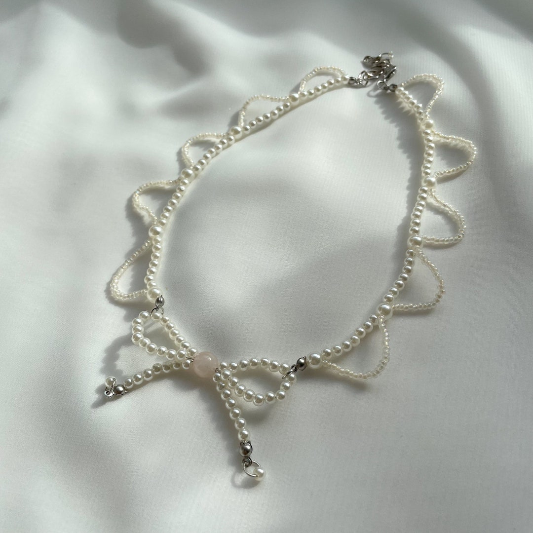 Bridgerton Beaded Bow Necklace, Princesscore Jewelry, Princess Choker ...