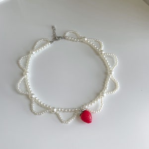 Pearl Strawberry Necklace, Cottagecore Aesthetic Choker, Strawberry ...