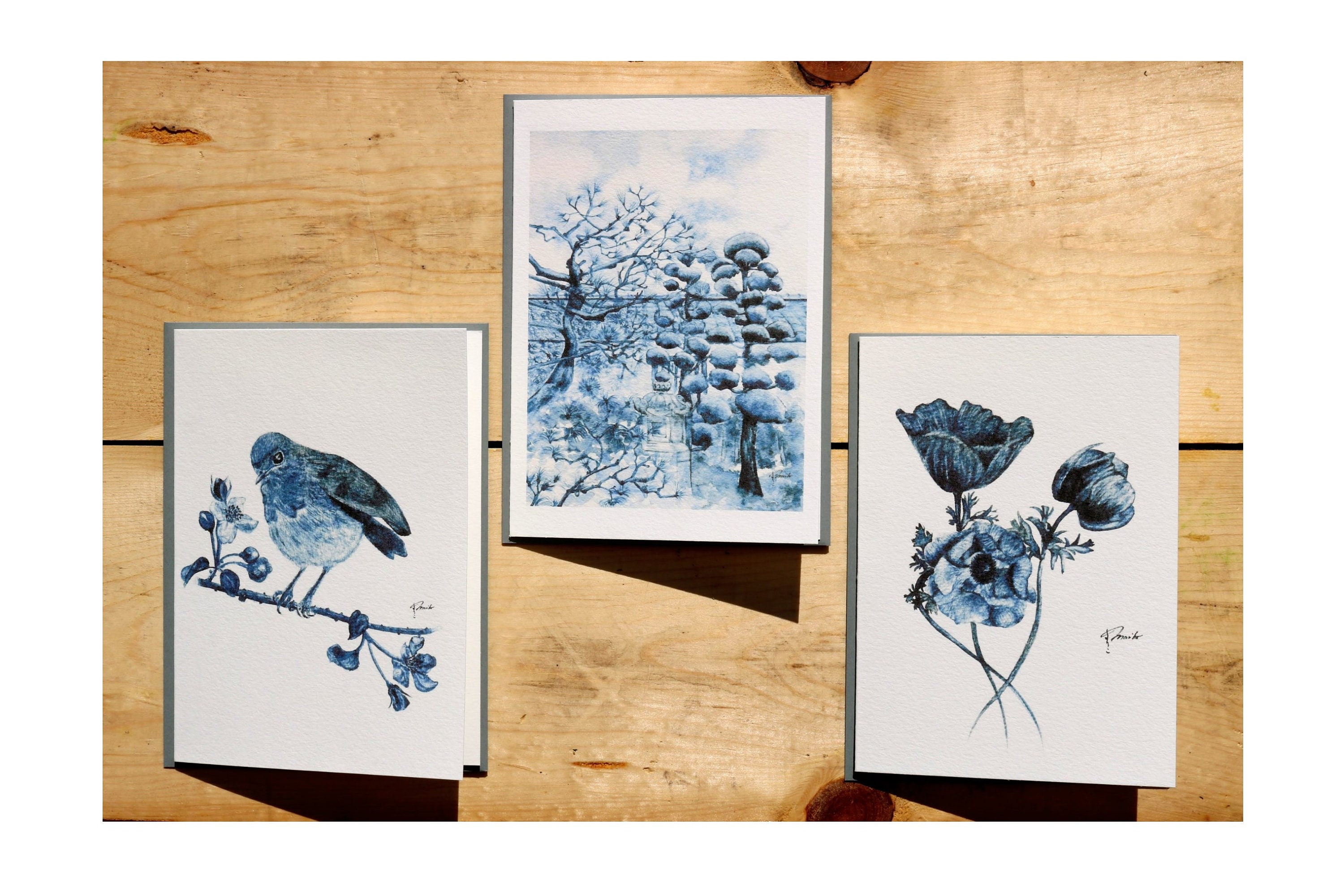 Navy Blue Card Set - Birds, European Robin, Japanese Garden, Blue ...