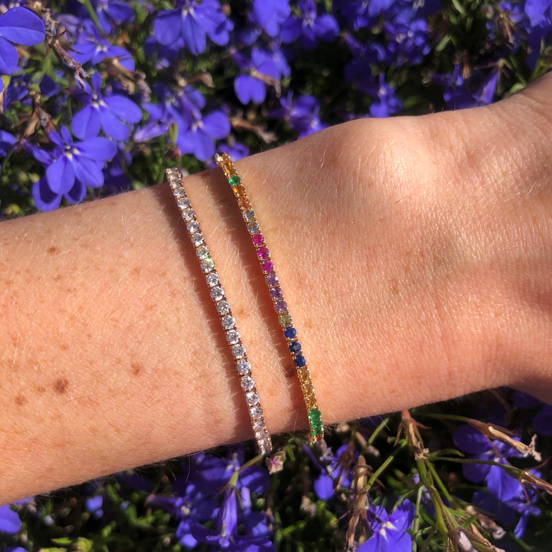 Rainbow Tennis Bracelet - 14K Gold Sapphire Bracelet, Thin Tennis ...