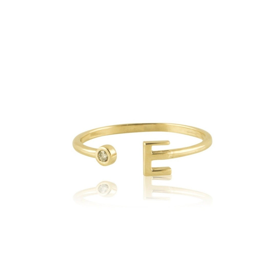 Birthstone Initial Ring - Solid Gold Initial Ring | Dainty Initial Ring ...