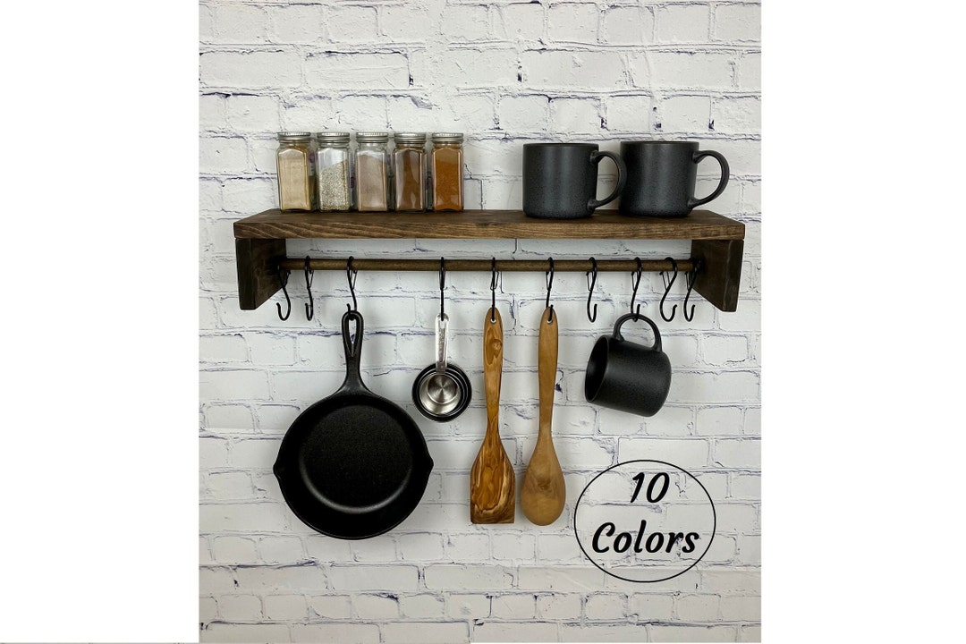Wooden Kitchen Shelf With Utensil Holder Hooks: Rustic Kitchen ...