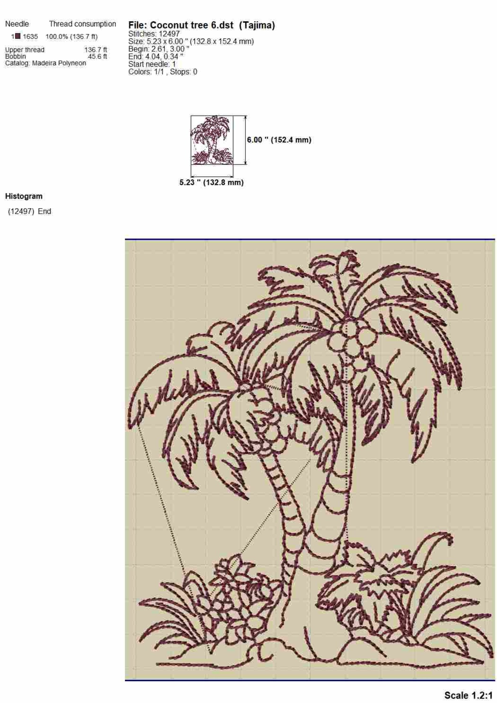 Coconut Tree Machine Embroidery Design, Tropical Tree Sketch Embroidery ...