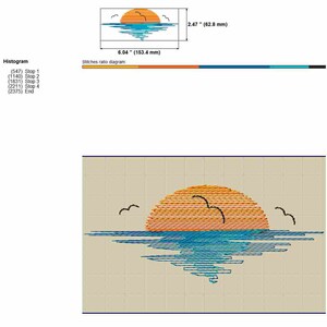 Sunset Machine Embroidery Design With Ocean, Light Density: 4in -12in ...