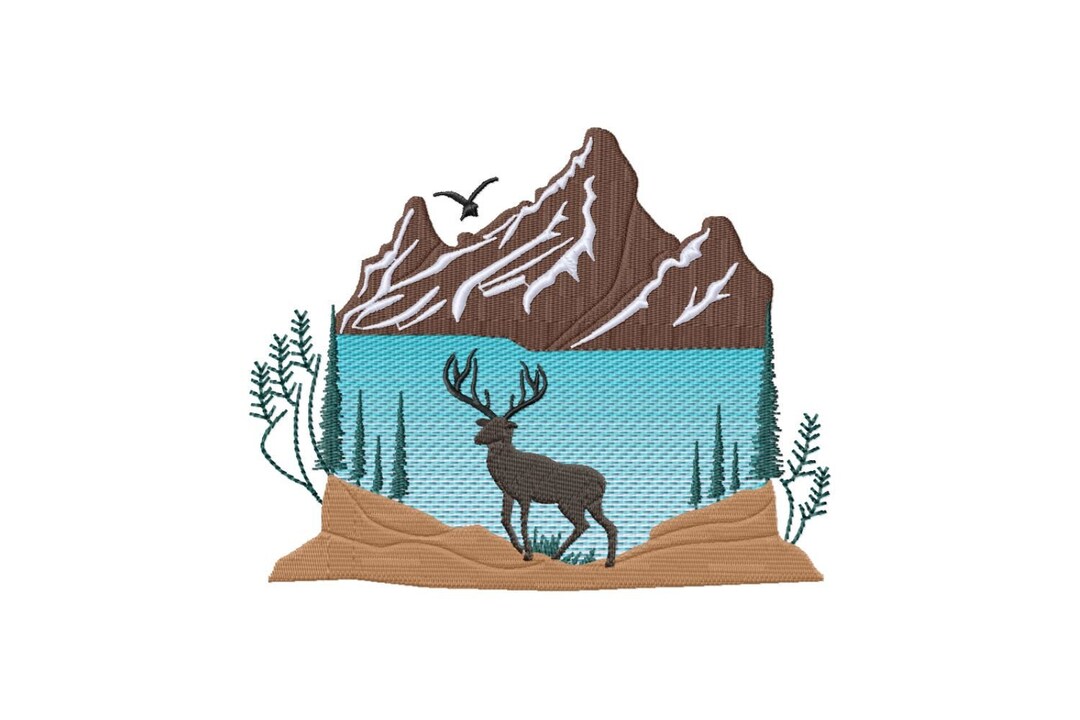 Deer Lake and Mountain Scene Machine Embroidery Designs, 3 Sizes, Deer ...