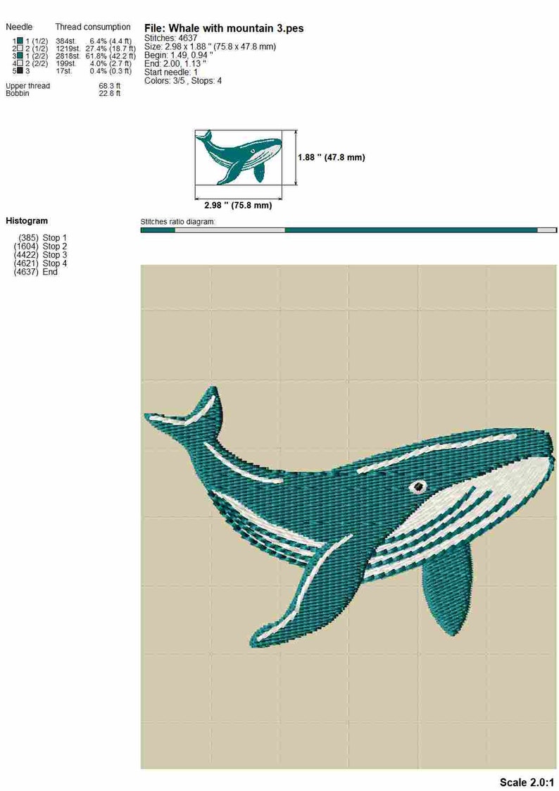 Blue Whale Machine Embroidery Designs, Fill Stitch and Applique: 1in ...