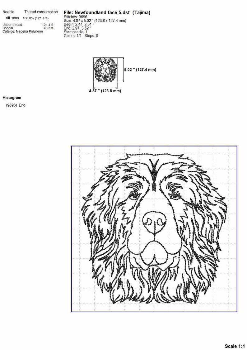 Newfoundland Dog Face Machine Embroidery Design Outline, Backstitch Run ...