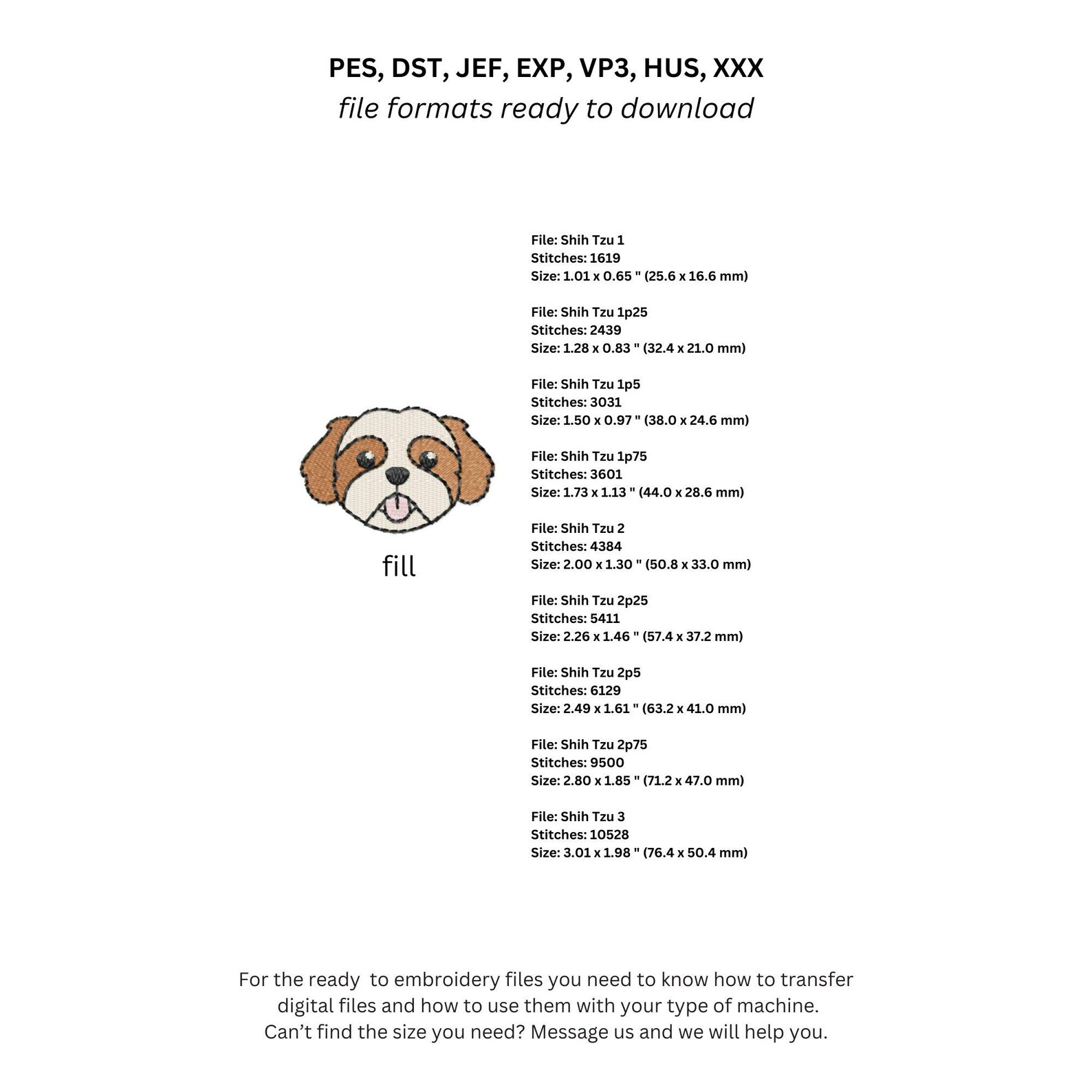 Mini Shih Tzu Dog Face Machine Embroidery Design, Fill Stitch, 1in ...