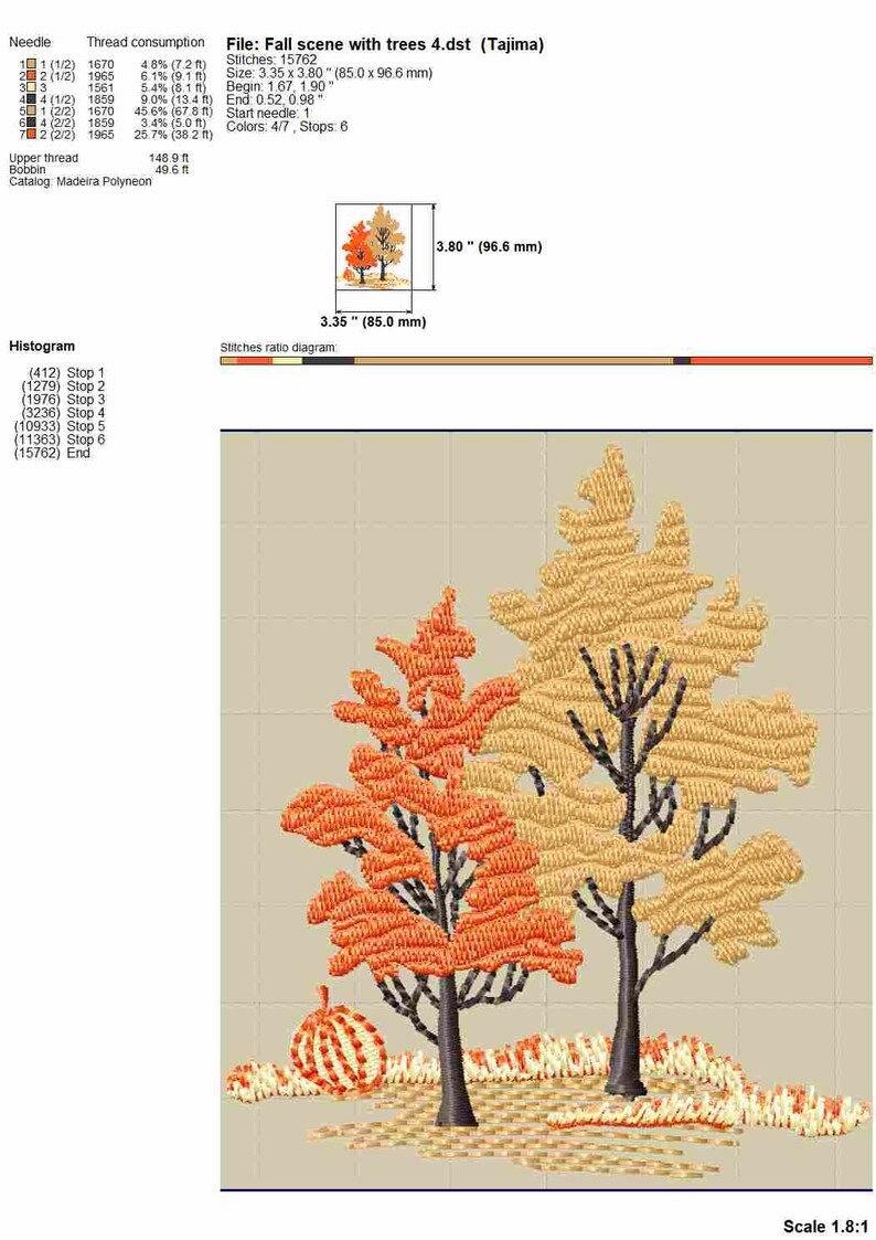 Fall Scene Machine Embroidery Design, Autumn Landscape With Trees and ...