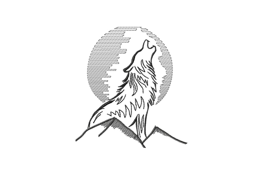 Wolf Howling to the Moon on Mountain Embroidery Design, Mountain Scene ...